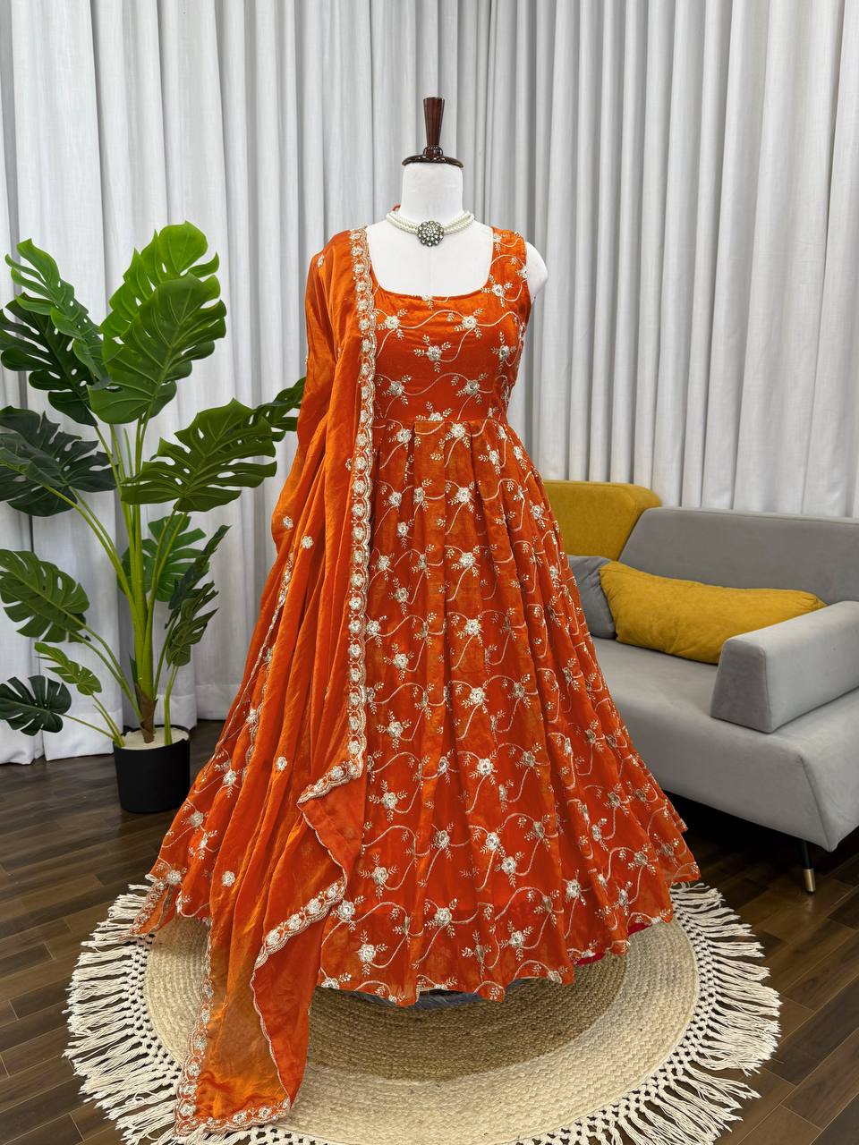 Orange Fendy Silk Anarkali Set – Tiamgee