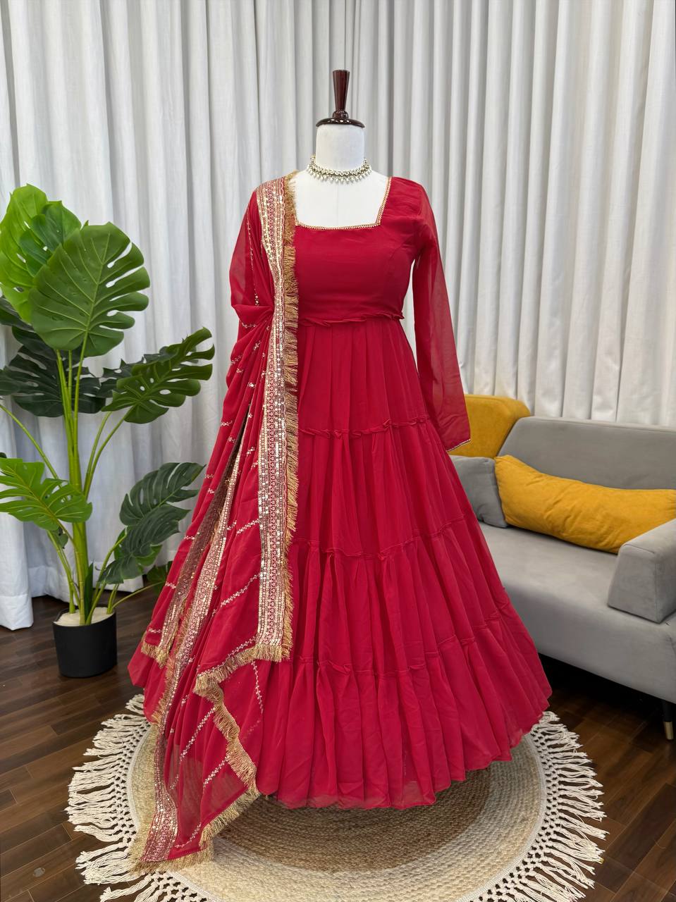 Faux Georgette Gown – Ruffle Style, 15 Meter Heavy Flair with ...
