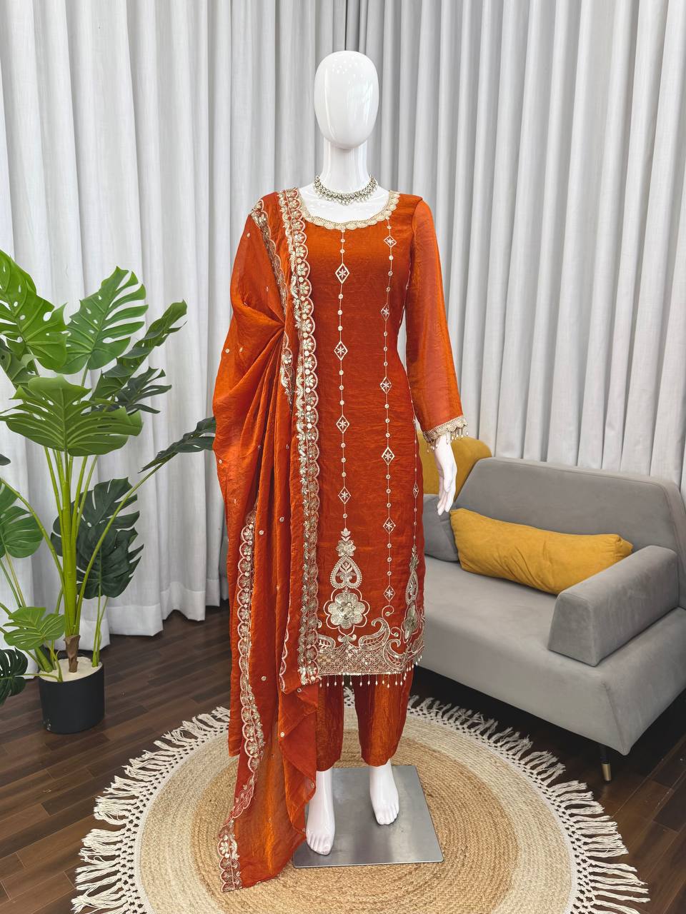 Orange Fendy Silk Pant Suit with Thread & Sequin Work – Tiamgee